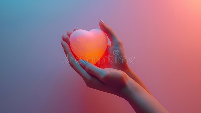 Hands Holding Glowing Heart Illuminated in Soft Pink Blue Gradient ...