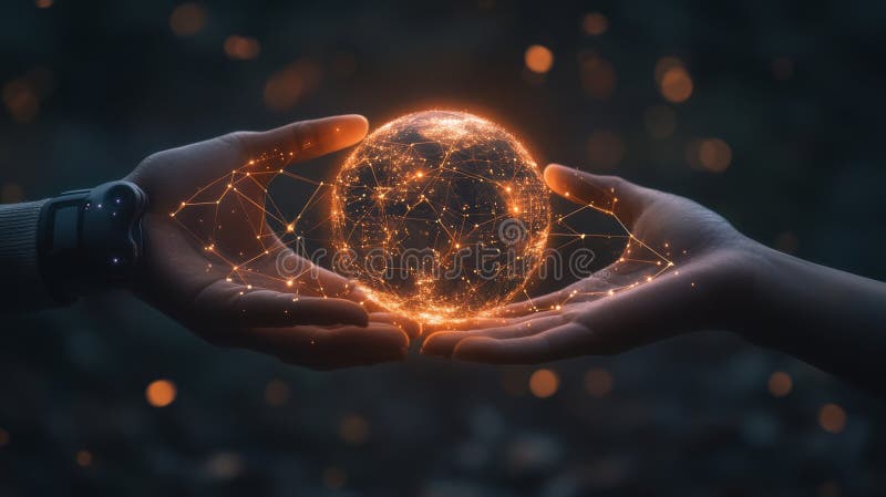 Hands Holding a Glowing Interconnected Digital Sphere Stock Image ...
