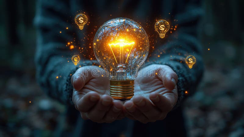Hands Holding Glowing Light Bulb with Financial Symbols, Representing ...