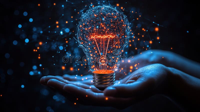 Hands Holding a Glowing Light Bulb Made of Particles, Symbolizing ...