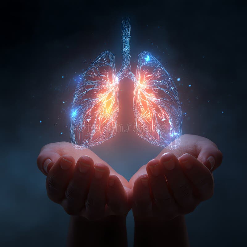 Hands Holding Glowing Light Representation of Lungs in Dark Environment ...