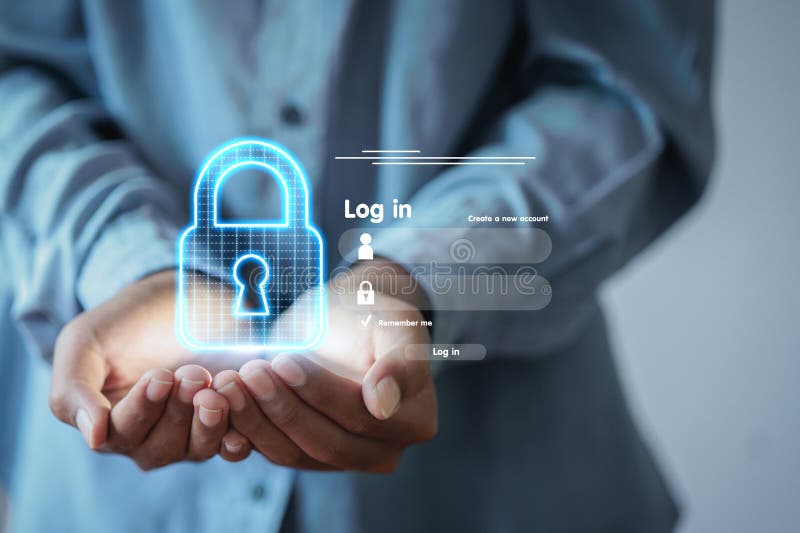 Hands Holding a Glowing Lock Hologram with a Login Interface, Symbolizing Stock Photo - Image of ...