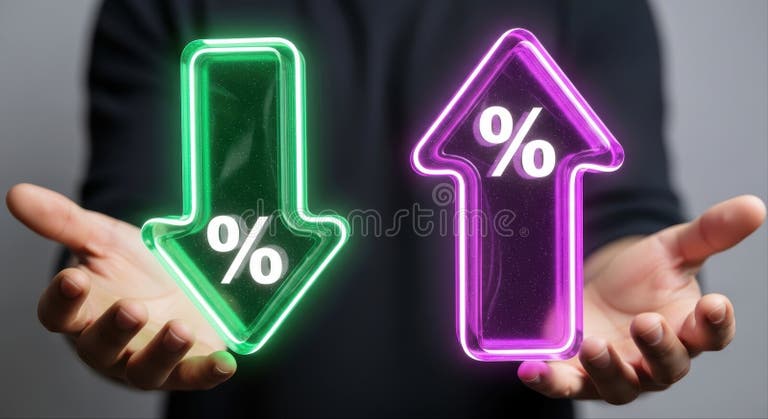 Hands Holding Glowing Neon Percentage Arrows Symbolizing Financial ...