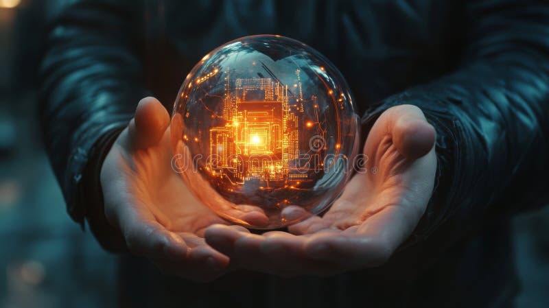 Hands Holding a Glowing Orb with Digital Circuit Design Stock ...