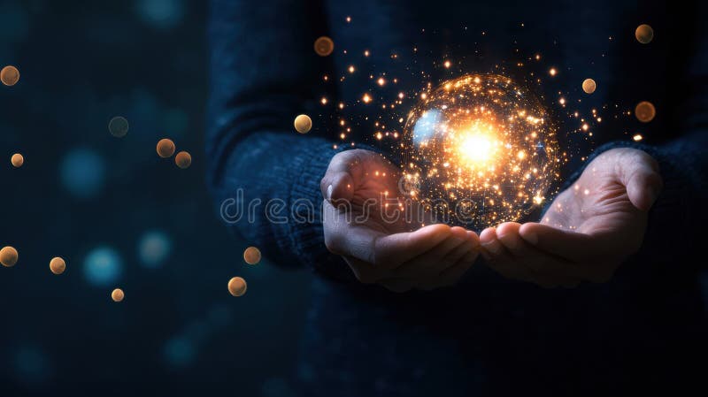 Hands Holding a Glowing Orb of Light Surrounded by Sparkling Particles ...