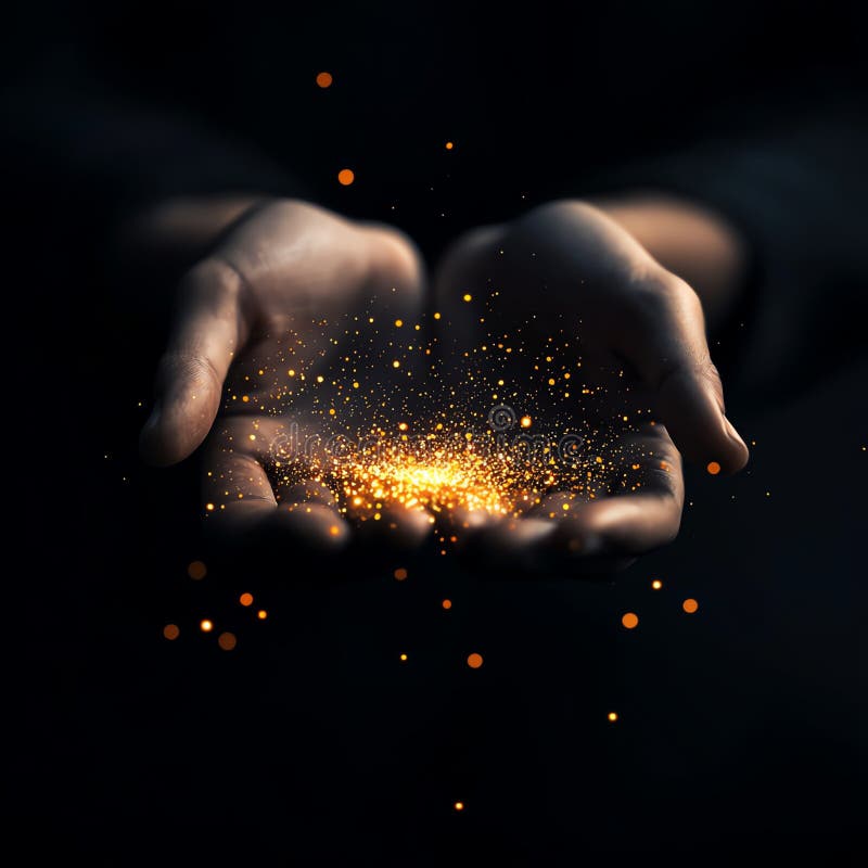 Hands Holding Glowing Particles Against a Dark Background Stock ...