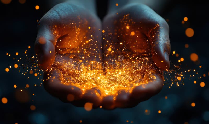 Hands Holding Glowing Particles in a Dark Environment Create a Magical ...