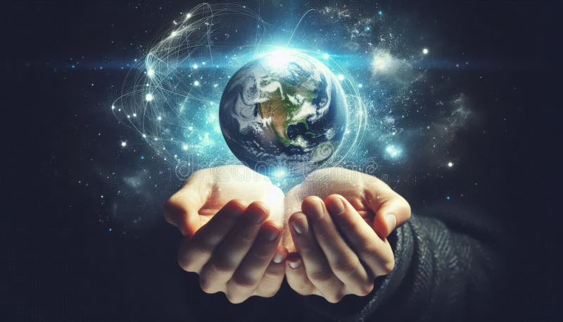 Hands Holding a Glowing Planet Earth with Digital Connections Around it ...