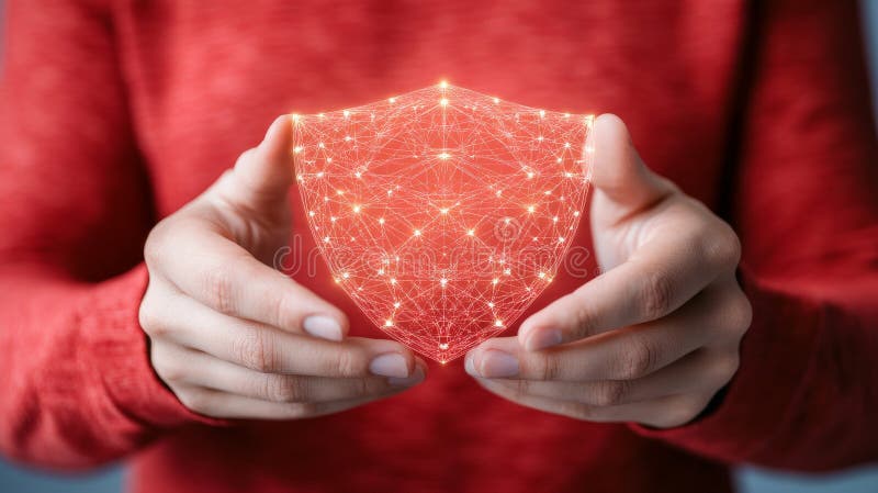 Hands Holding a Glowing Red Shield Symbolizing Cybersecurity, Network ...