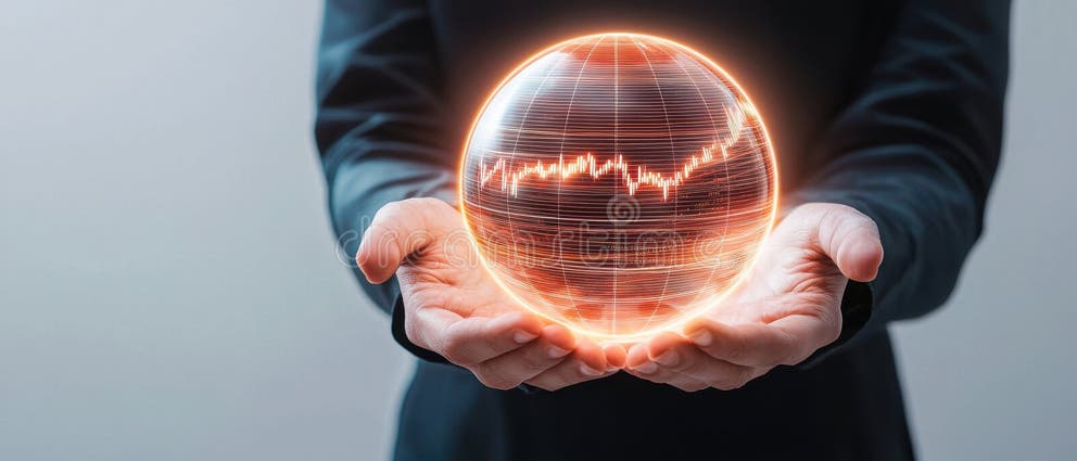 Hands Holding Glowing Sphere with Market Data Visualization Stock ...