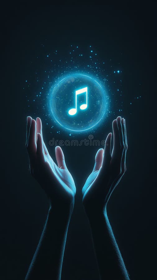 Hands Holding Glowing Sphere with Musical Note Symbol in Dark ...