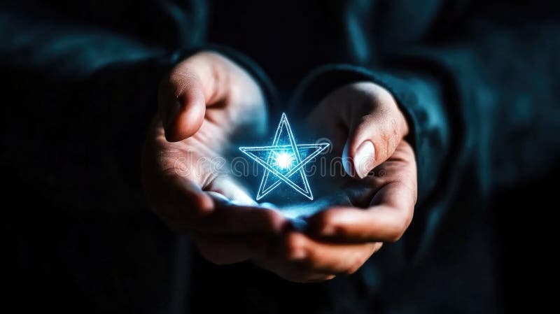 Hands Holding Glowing Star Hologram in Dark Background Stock Image ...