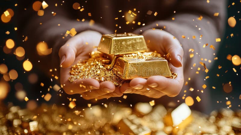 Hands Holding Gold Bars and Nuggets Surrounded by Gold Confetti Stock ...