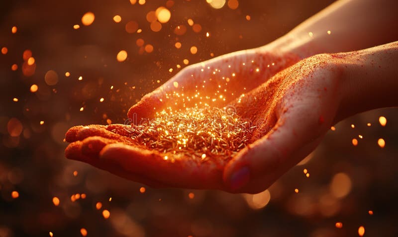 Hands Holding Golden Glitter at Sunset, Creating Magical Effect Stock ...
