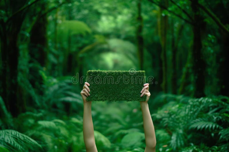 Hands Holding a Green Sign in the Jungle, Forest Mockup Generative Ai ...