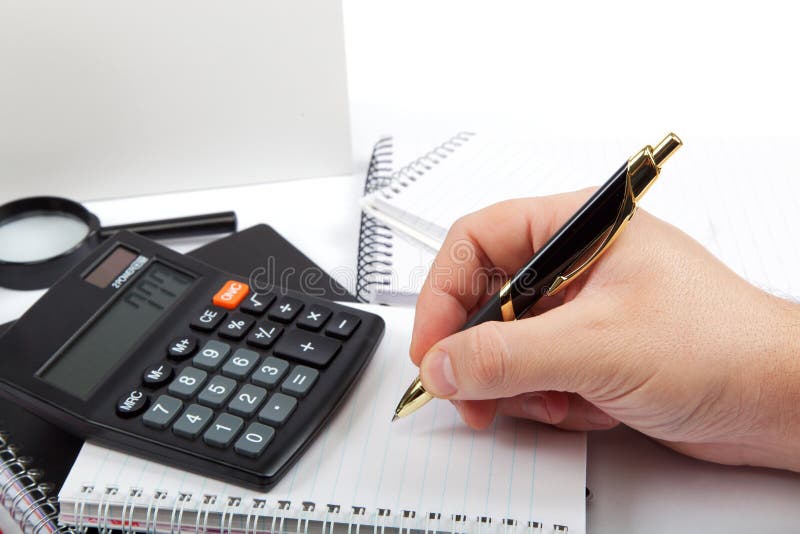 Hand with Pen and Calculator Near Documents. Stock Photo - Image of ...