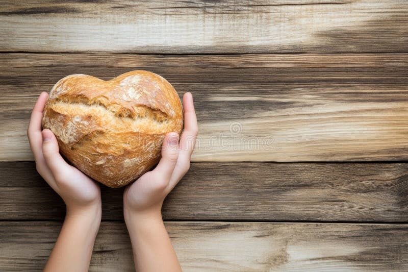Hands Holding a Heart-shaped Loaf of Bread on a Wooden Surface in a Cozy Setting Stock Image ...