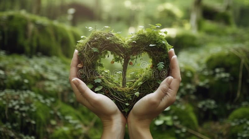 Hands Holding a Heart Shaped Tree in the Forest. Eco Concept Stock ...