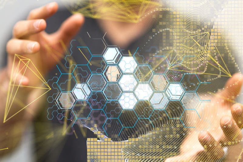 Hands Holding a Hexagonal Hologram. Technology, Data Stock Image ...