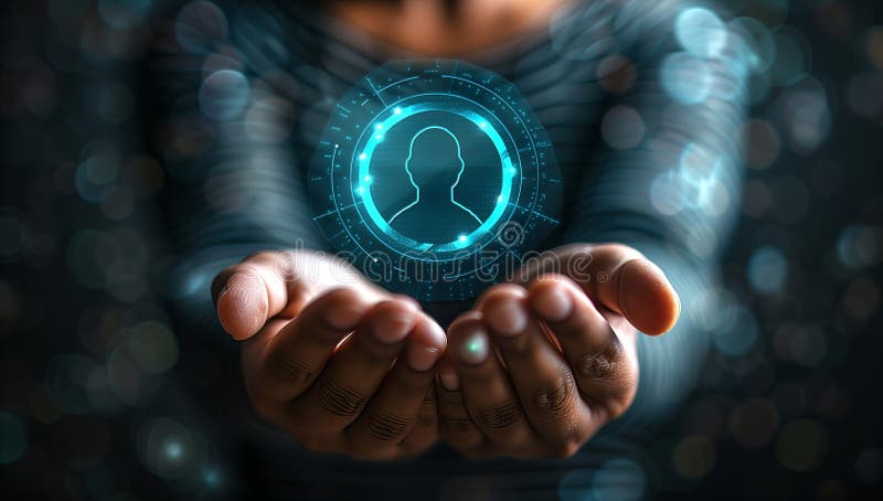 Hands Holding Holographic Digital Icon of Person Stock Illustration ...