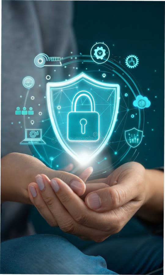 Hands Holding a Holographic Security Shield Displaying Cyber Protection ...
