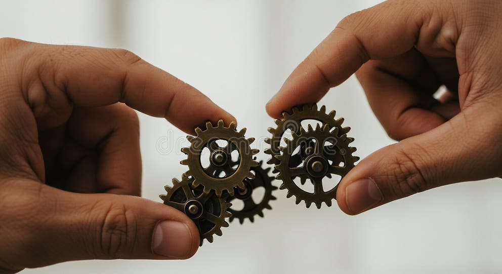 Hands Holding Interlocking Bronze Gears, Symbolizing Teamwork and ...