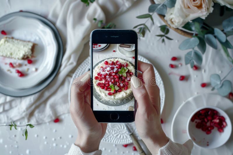Person Holding IPhone Taking a Photo of a Beautifully Decorated Dessert ...