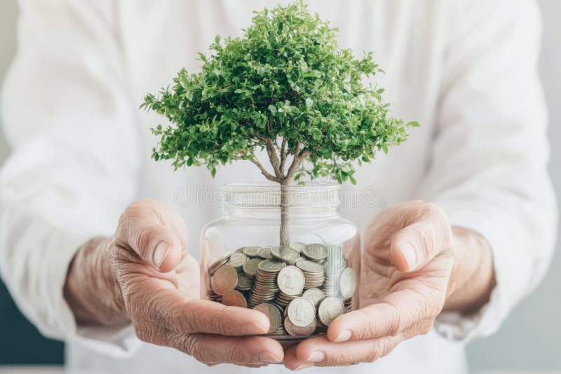 Hands Holding Jar of Coins with Growing Tree Stock Image - Image of ...