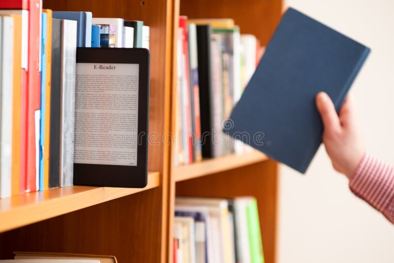 Hands Holding and Keeping Ebook on Bookshelf Background Stock Photo ...