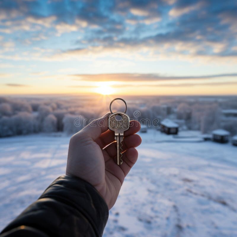 Hands Holding a Key Against a Winter Backdrop, Unlocking Possibilities ...
