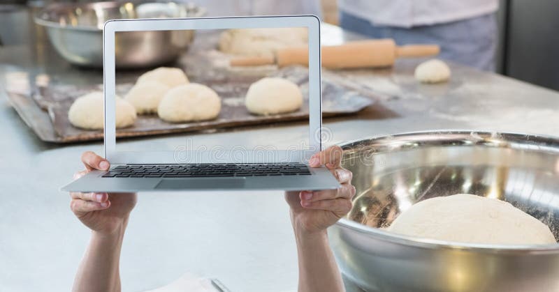 Hands Holding Laptop while Photographing Dough Stock Image - Image of ...