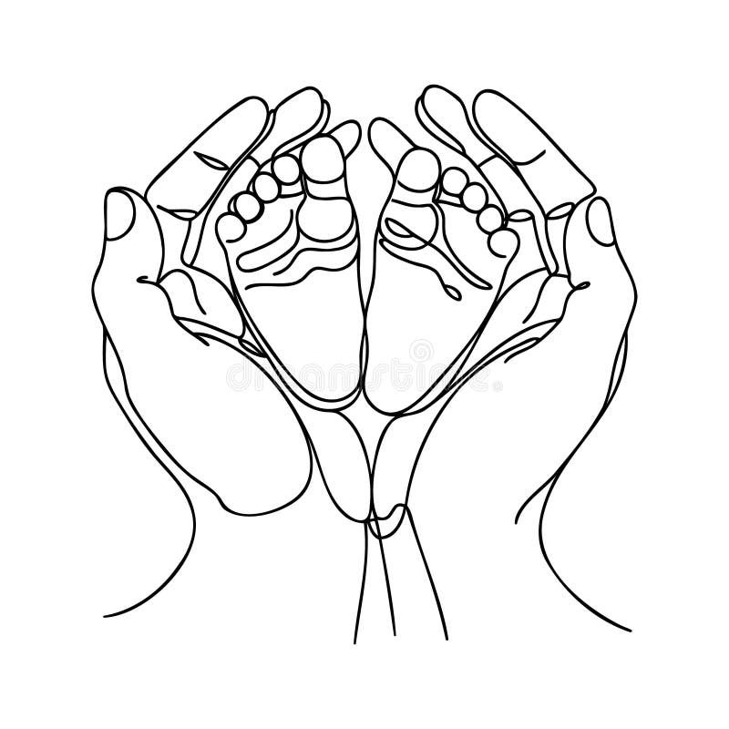 Hands Holding the Legs of a Newborn Drawn in One Line Stock Vector ...
