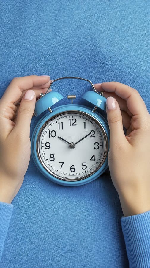 Hands Holding a Light Blue Alarm Clock on Blue Background Stock ...