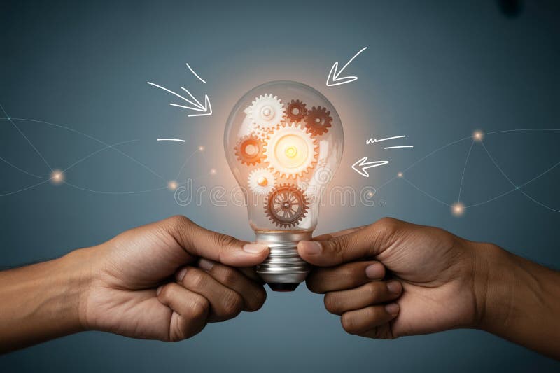 Hands Holding Light Bulb with Gears Inside Concept for Innovation and Creative Problem Solving ...