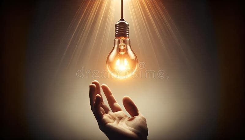 Hands Holding a Light Bulb Over a Dark Background with the Rays of ...