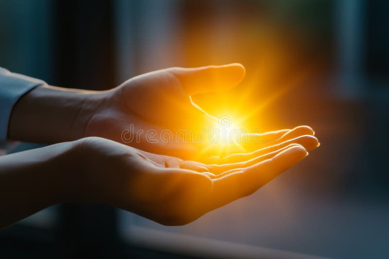 Hands Holding Light Symbolizing Ideas and Innovation in Office for ...