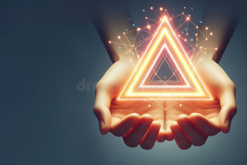 Hands Holding a Luminous Triangle. Space for Text. Stock Image - Image ...