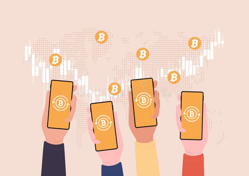Hands Holding Mobile with Bitcoins on World Map Modern Web Money ...