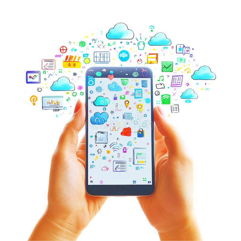 Hands Holding Mobile Device with Cloud Computing Concept Isolated on Transparent Background ...