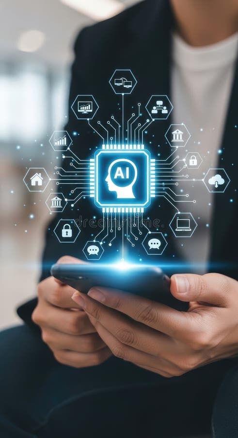 Hands Holding Mobile Device, Glowing Artificial Intelligence Brain Chip ...