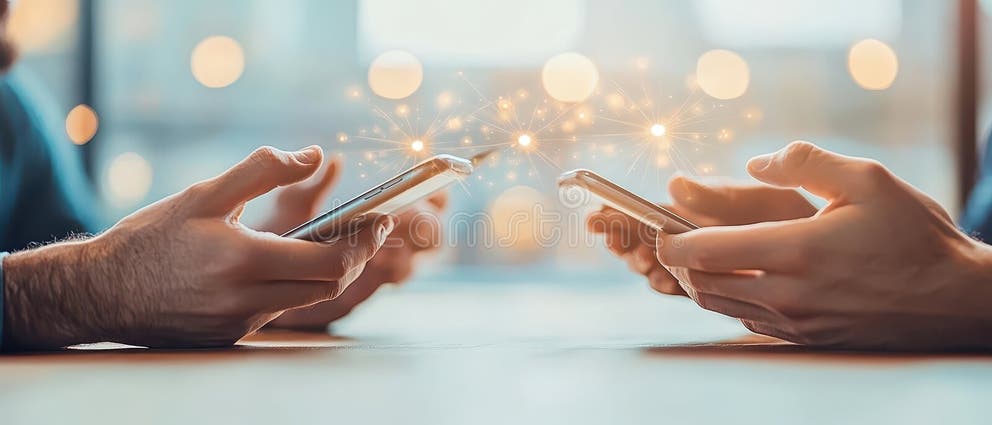 Hands Holding Mobile Devices Connecting through Glowing Digital Network ...