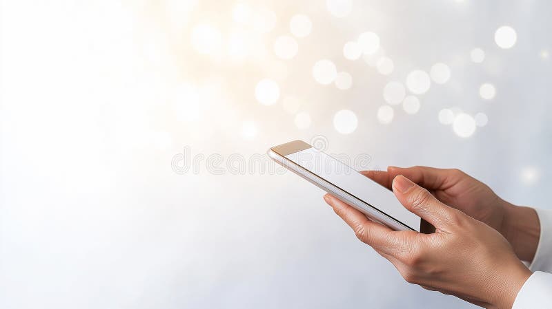 Hands Holding Mobile Phone with Biometric Scanner Interface on Neutral ...