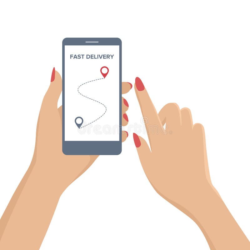 Hands Holding Mobile Phone with Tracker of Delivery. Fast Delivery ...
