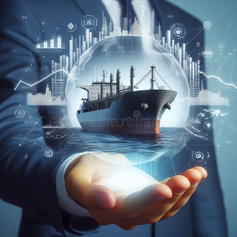 Hands Holding a Modern Cargo Vessel with Digital Data and Global ...