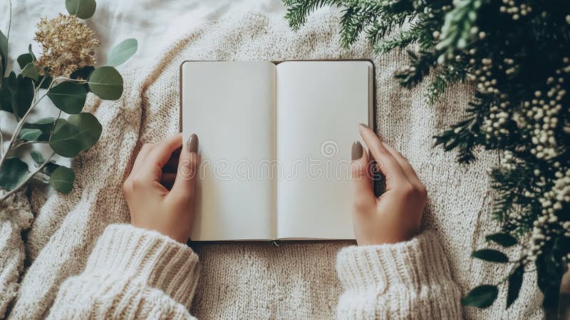 Hands Holding Notebook Top View Stock Photo - Image of banner ...