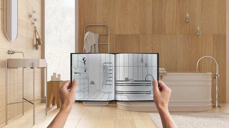 Hands Holding Notepad with Creative Bathroom Design Blueprint Sketch or ...