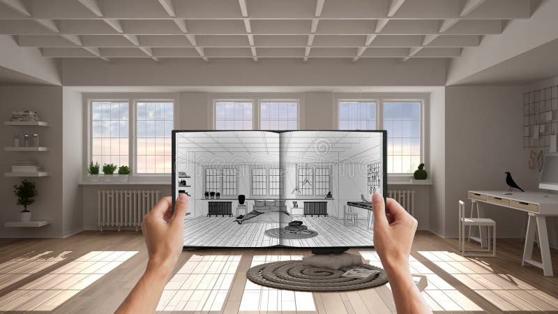 Hands Holding Notepad with Creative Bedroom Design Blueprint Sketch or ...