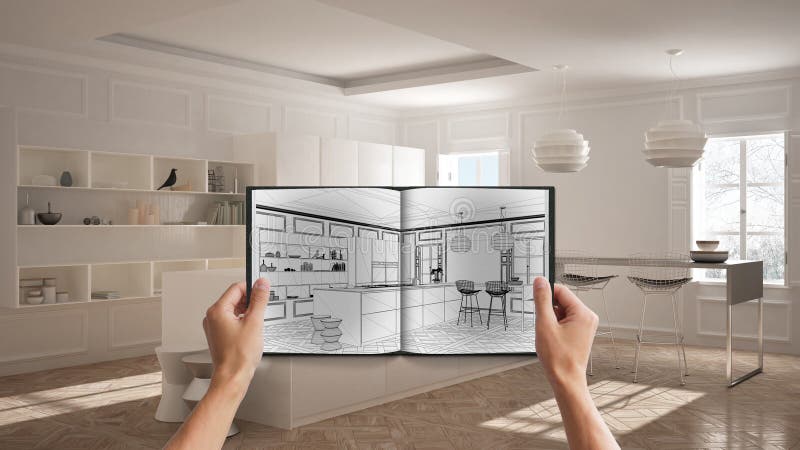 Hands Holding Notepad with Creative Kitchen Design Blueprint Sketch or ...