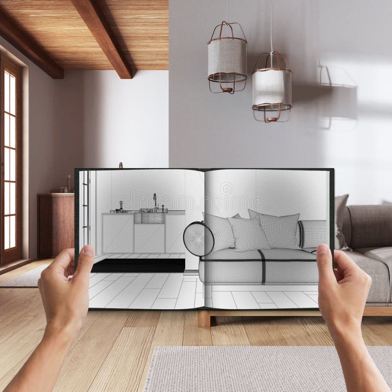 Hands Holding Notepad with Living Room and Kitchen Blueprint Sketch or ...