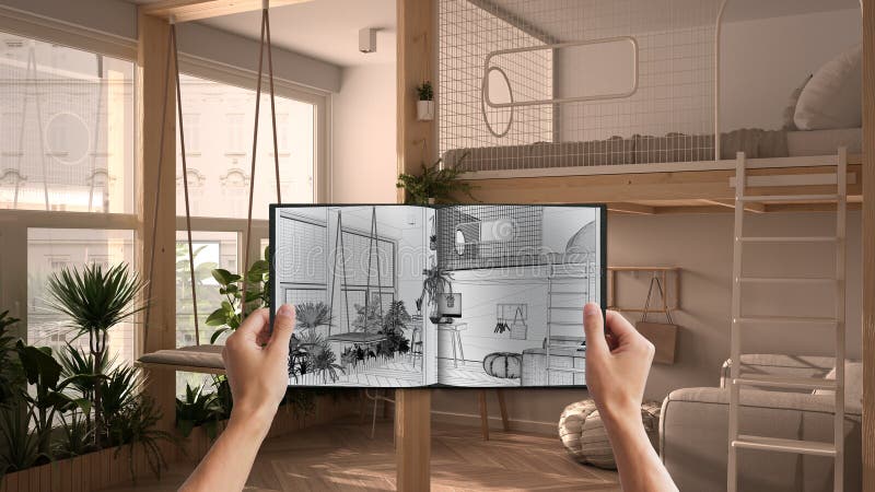 Hands Holding Notepad with Modern Studio Apartment Blueprint Sketch or ...